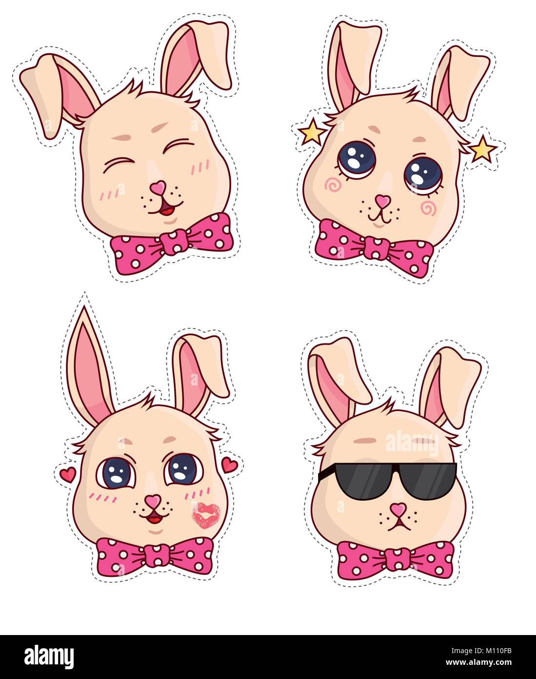 Vector stickers with cute little funny bunny emotions. Cute badges and ...