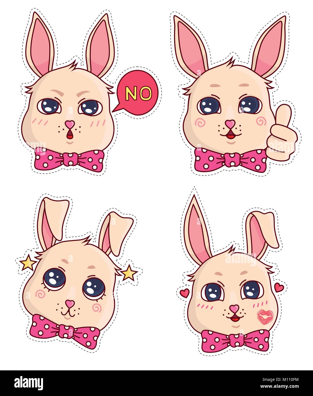 Vector stickers with cute little funny bunny emotions. Cute badges and ...