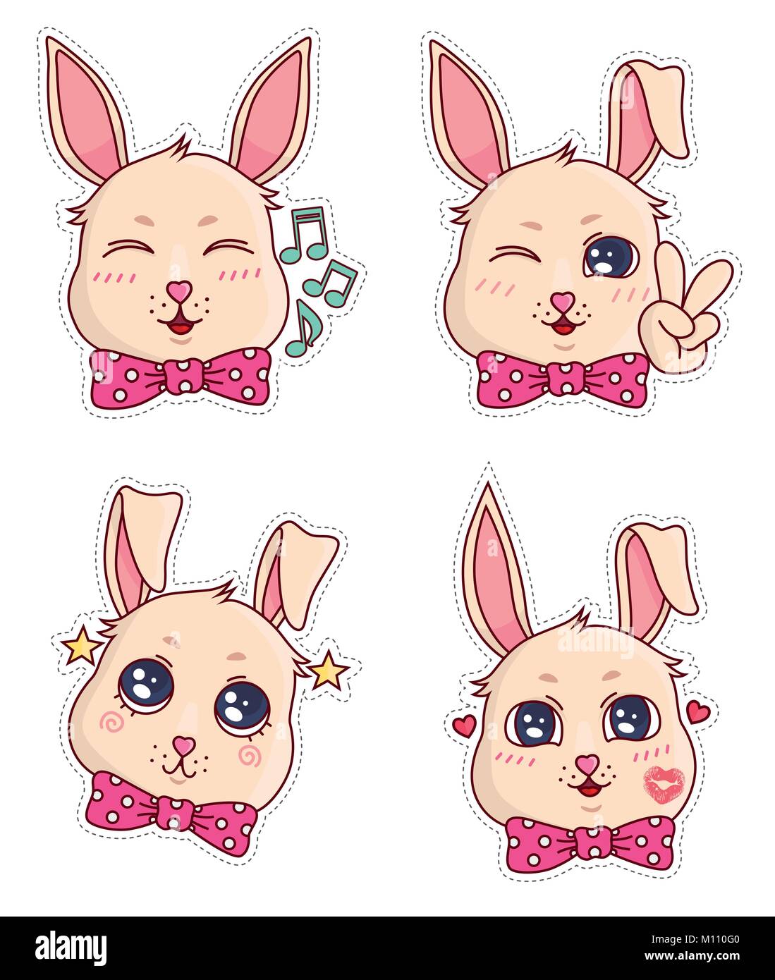 Vector stickers with cute little funny bunny emotions. Cute badges and ...