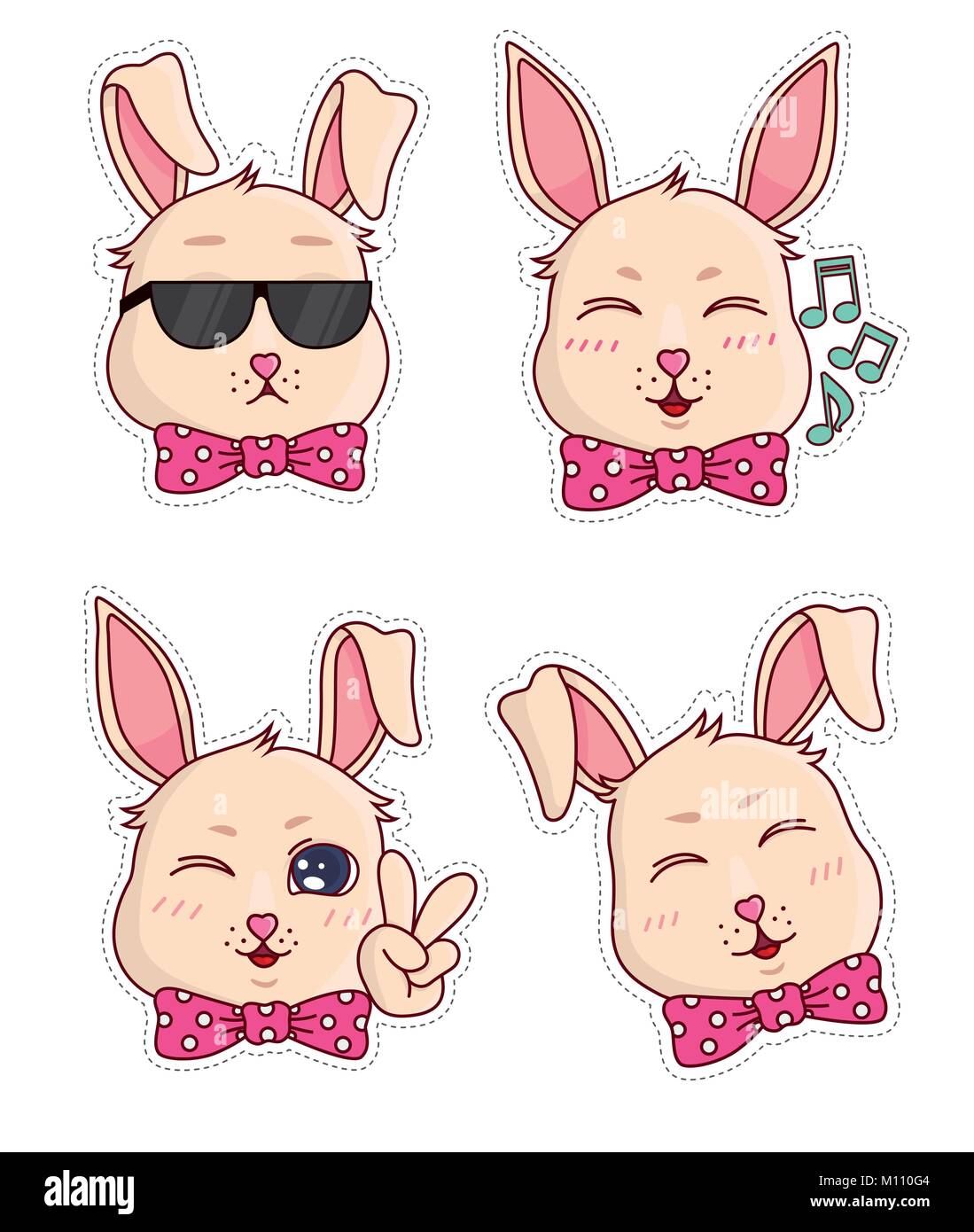 Vector stickers with cute little funny bunny emotions. Cute badges and ...