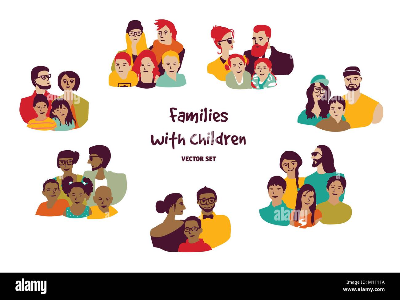 Happy families parents with children isolated groups set Stock Vector ...
