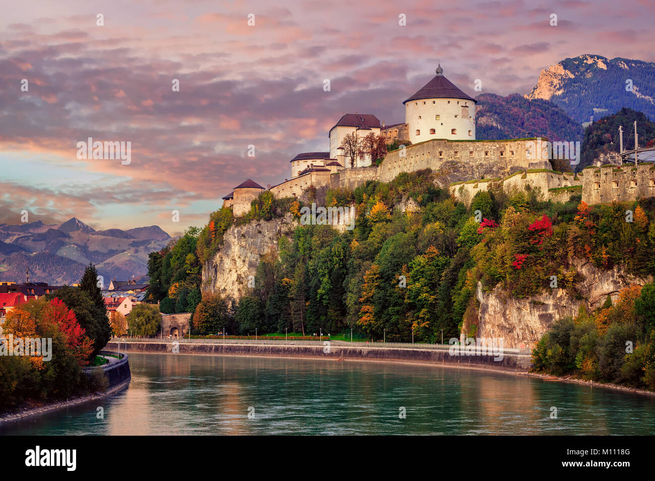 Kufstein Old Town with medieval fortress on a rock over the Inn river ...