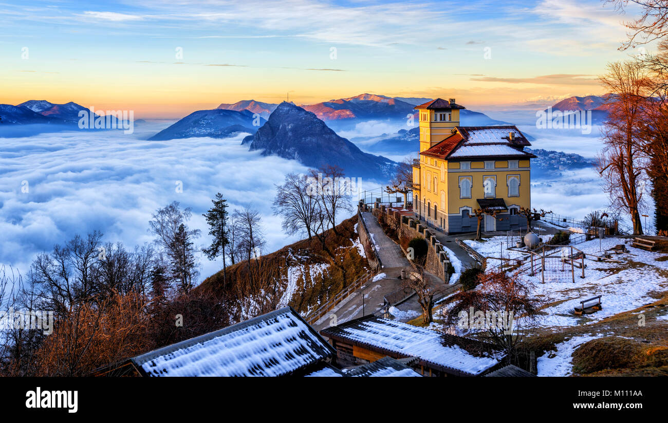 Panoramic view of Lugano city, Lake Lugano and Monte San Salvatore from ...
