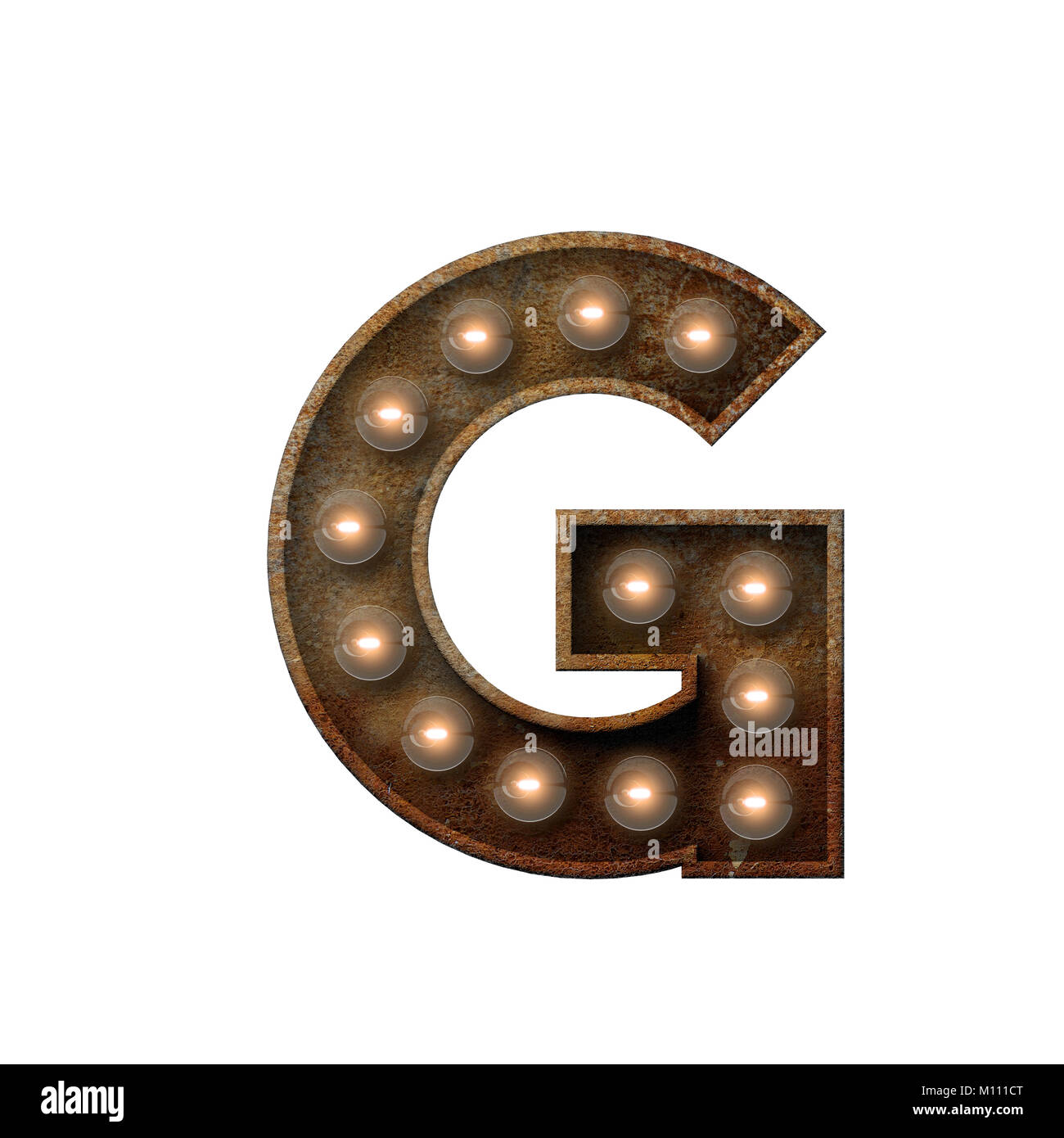 Rusted metal letter G light bulb font. 3D Rendering Stock Photo - Alamy