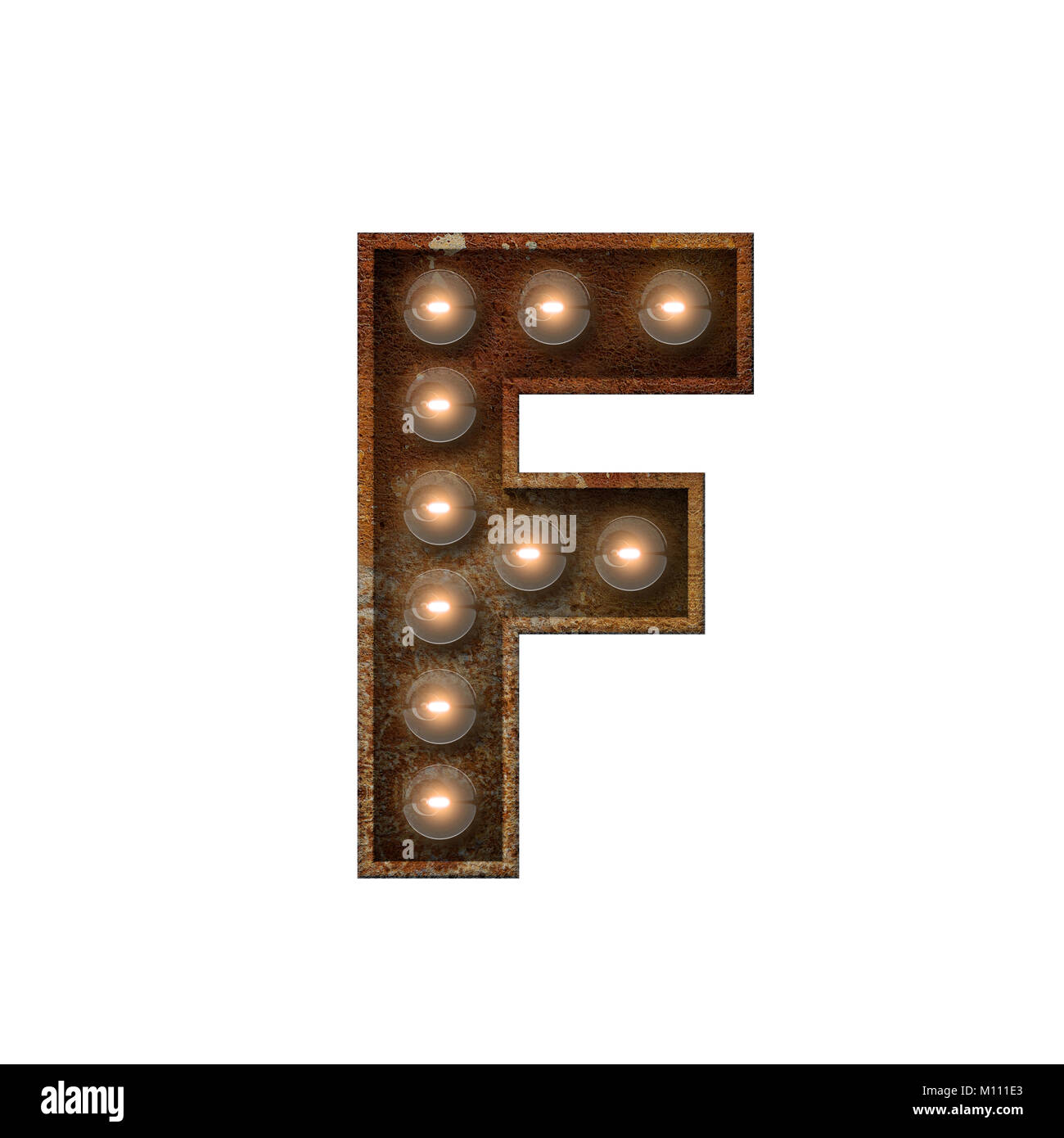 Rusted metal letter F light bulb font. 3D Rendering Stock Photo - Alamy