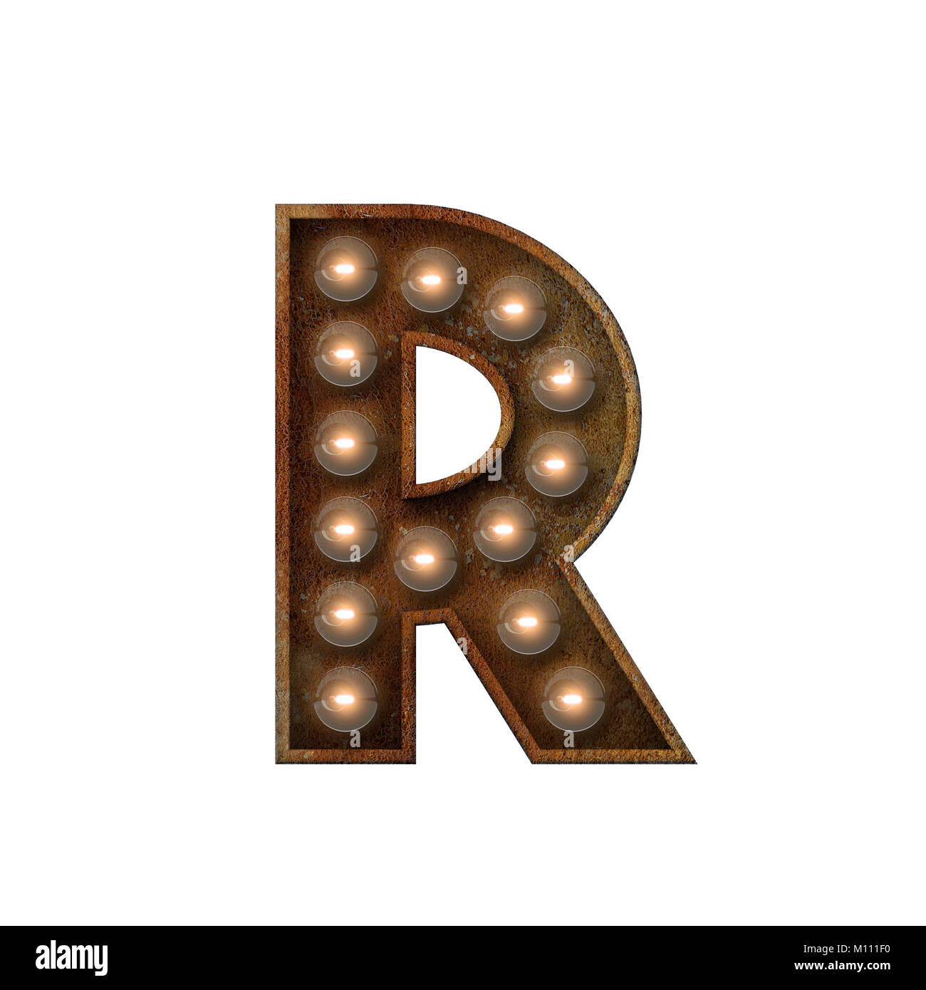 Rusted metal letter R light bulb font. 3D Rendering Stock Photo - Alamy