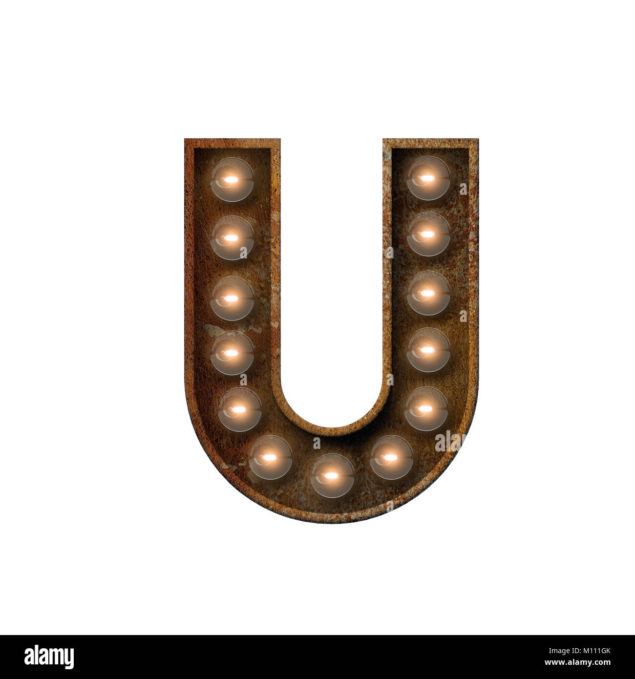 Rusted metal letter U light bulb font. 3D Rendering Stock Photo - Alamy