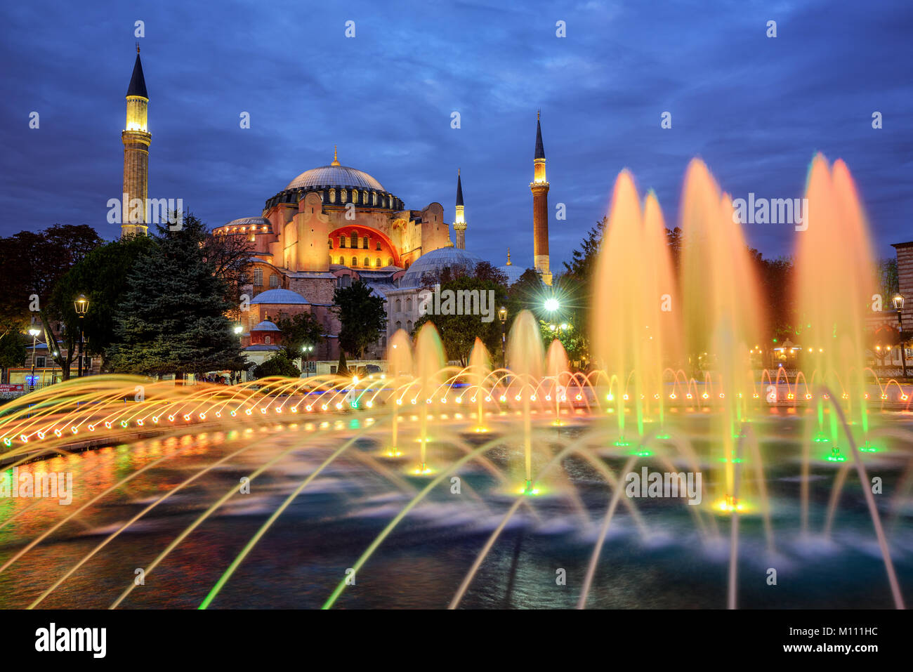 Hagia Sophia basilica in Istanbul, Turkey, with colorful illuminated ...