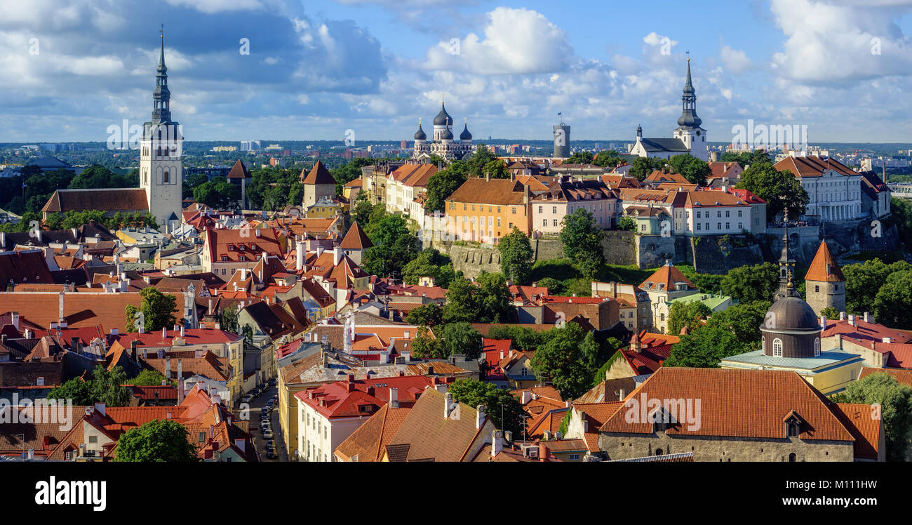 Panoramic view of the red tile roofs of the medieval Tallinn Old Town ...
