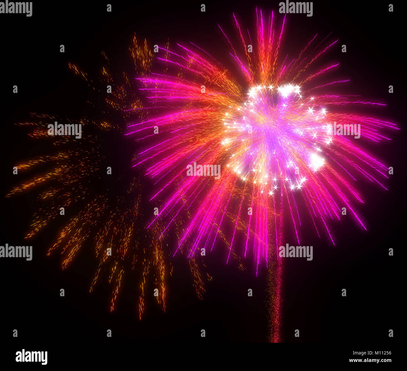 Festive red and lilac fireworks at night over black background Stock ...