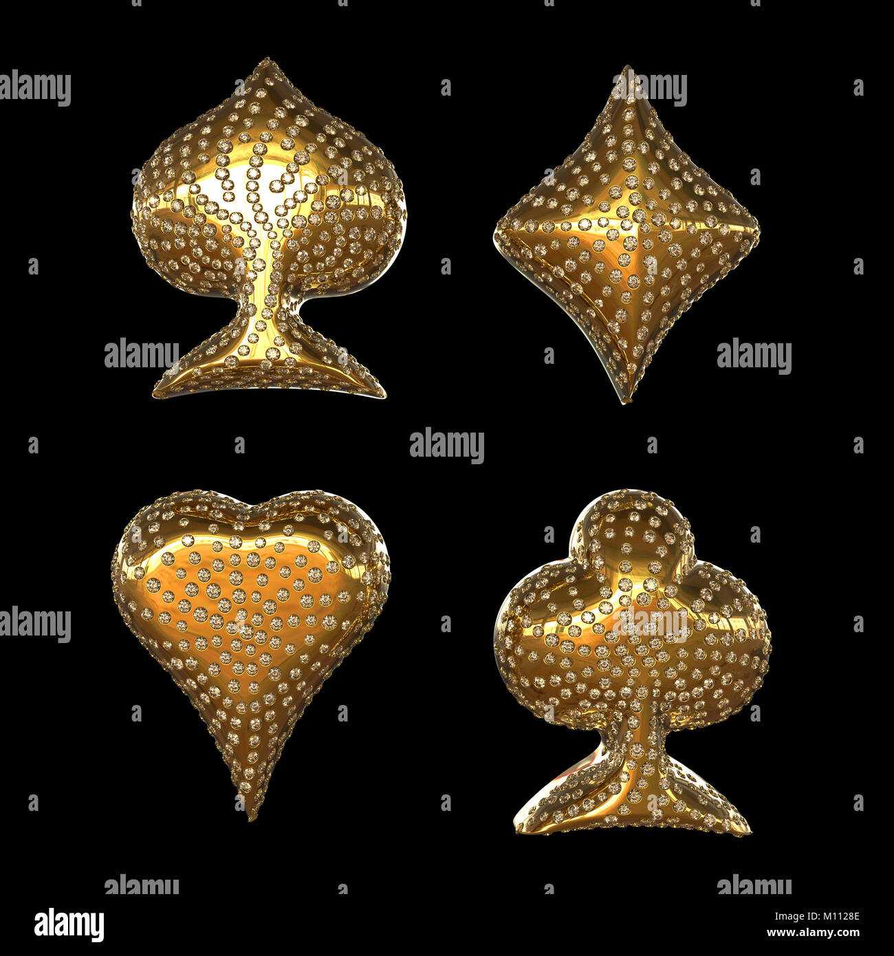 Golden Card suits inlaid with diamonds over black background Stock ...