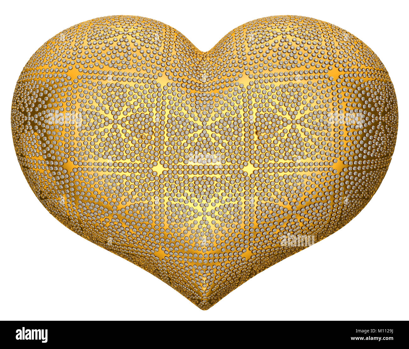 Golden heart shape inlaid with diamonds over white background Stock ...