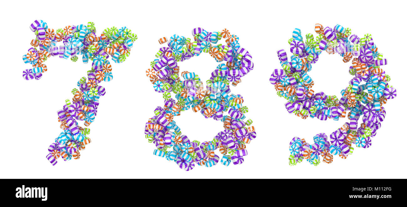 Sweet candy font 7 8 9 numerals isolated over white Stock Photo - Alamy
