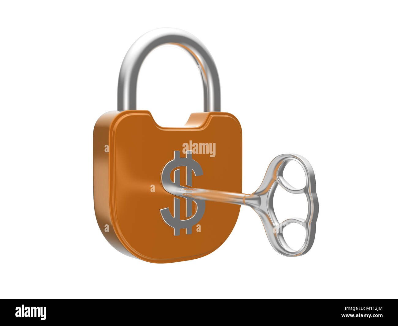 Locking the US dollar currency lock with key. Isolated over white Stock ...