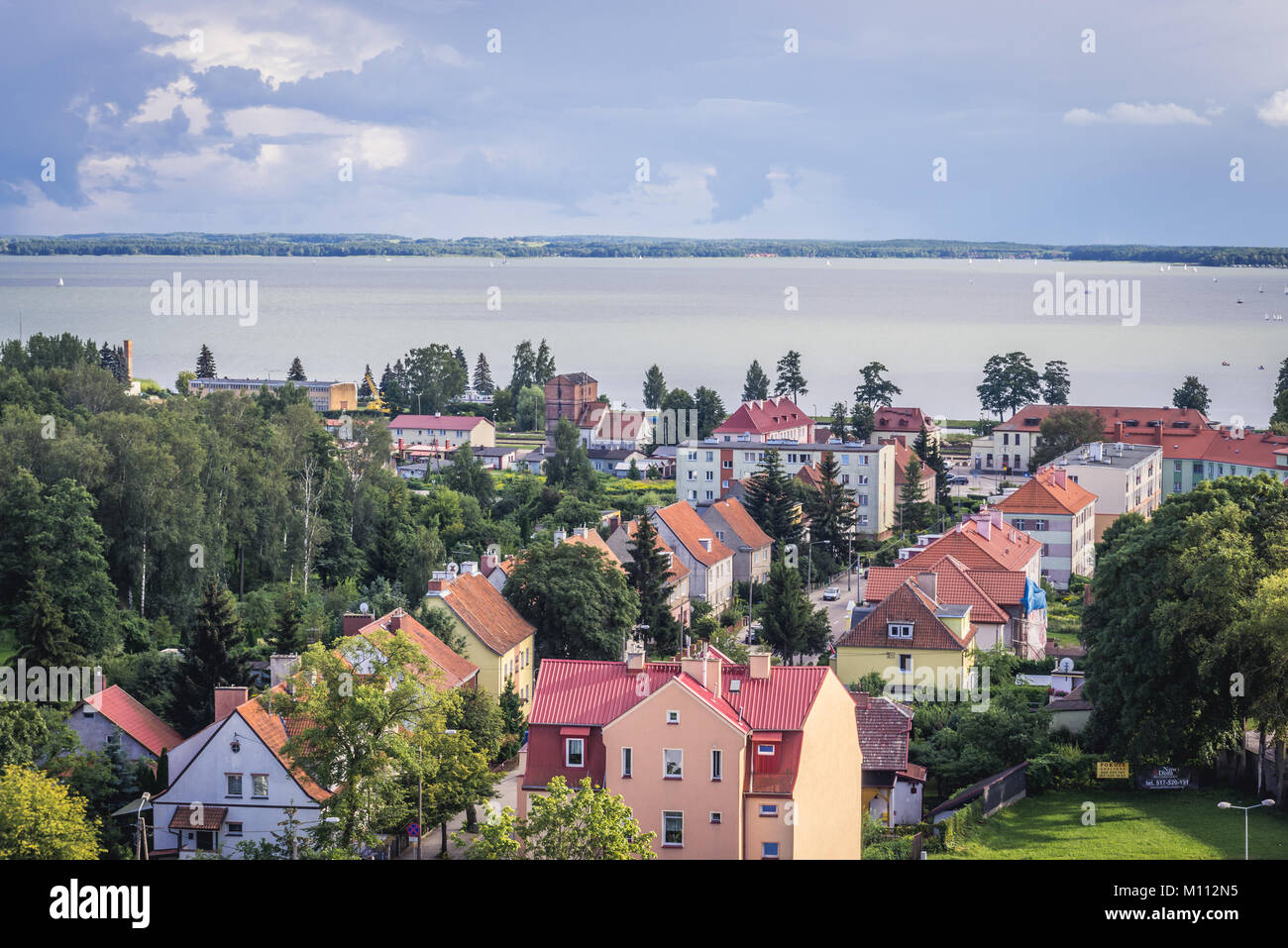 Aerial view from observation deck of old water tower in Gizycko town ...
