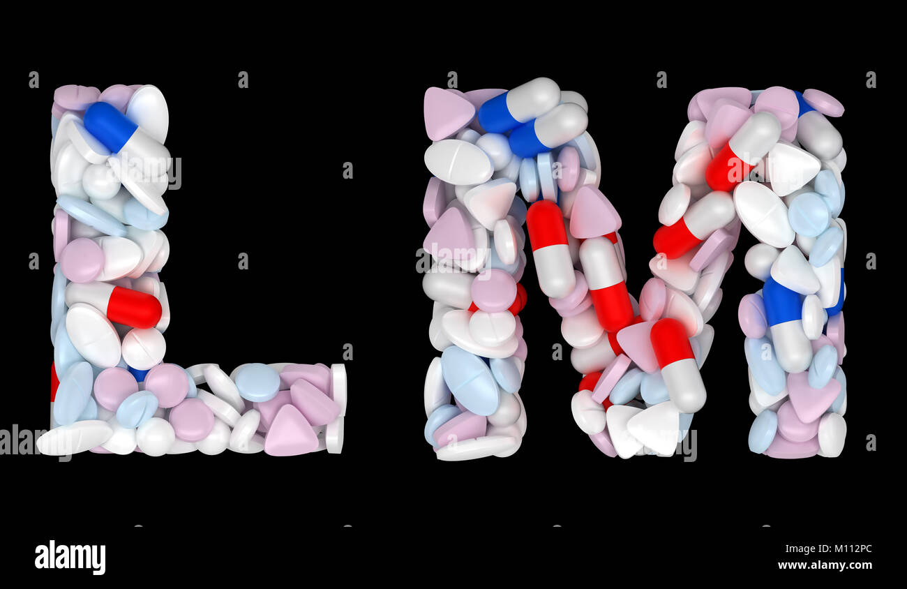 Medication font L and M pills letters over black Stock Photo - Alamy