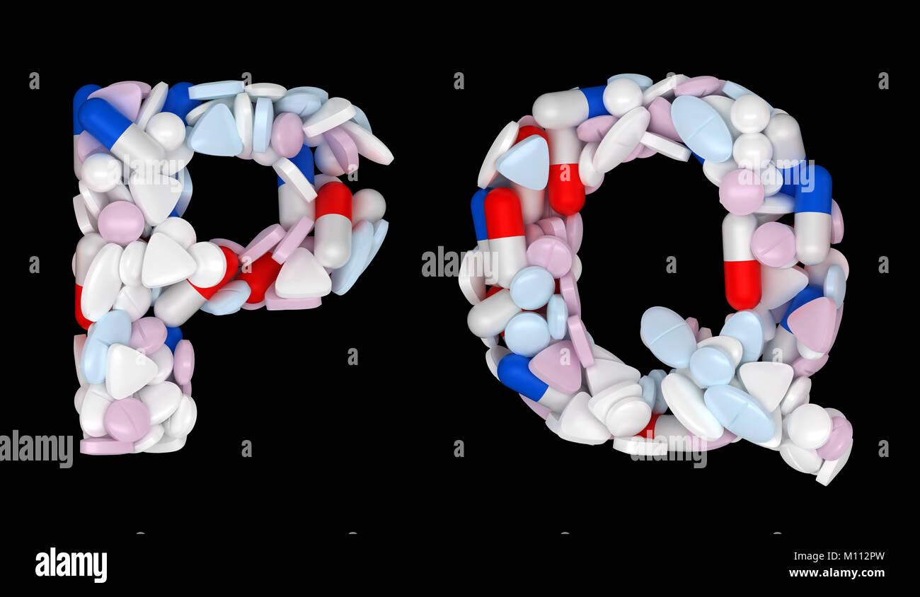 Pharmacy font P and Q pills letters over black Stock Photo - Alamy