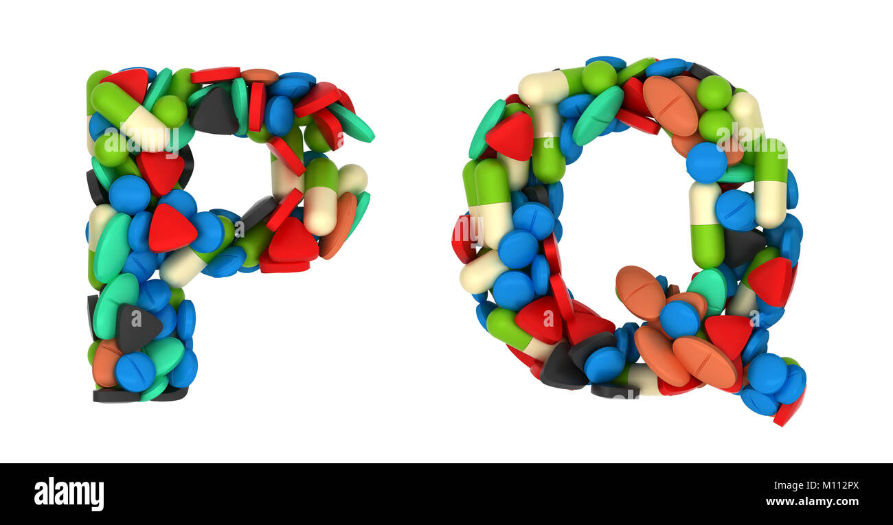 Pharmacy font P and Q pills letters over white Stock Photo - Alamy