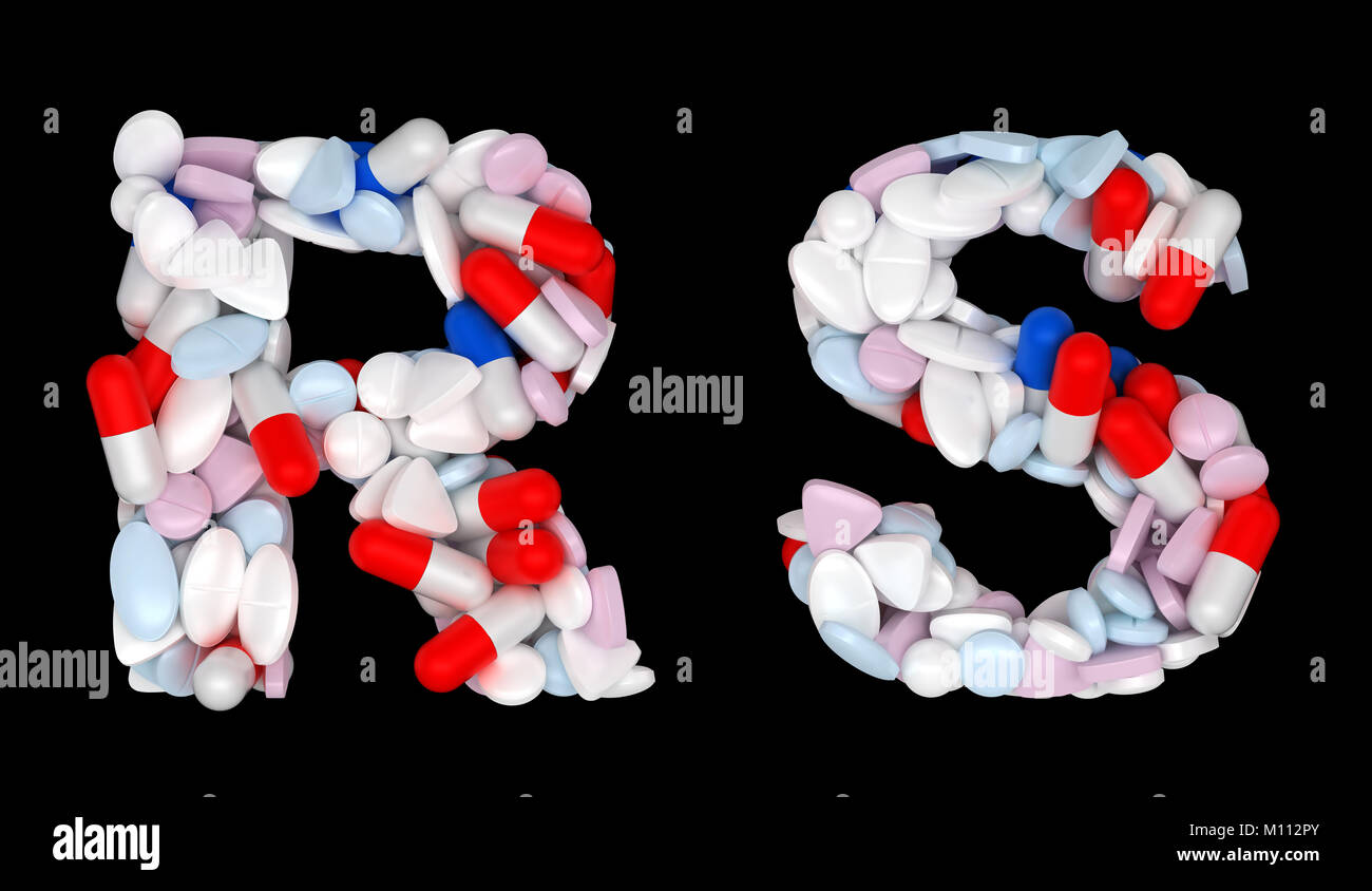 Pharmacy font R and S pills letters over black Stock Photo - Alamy