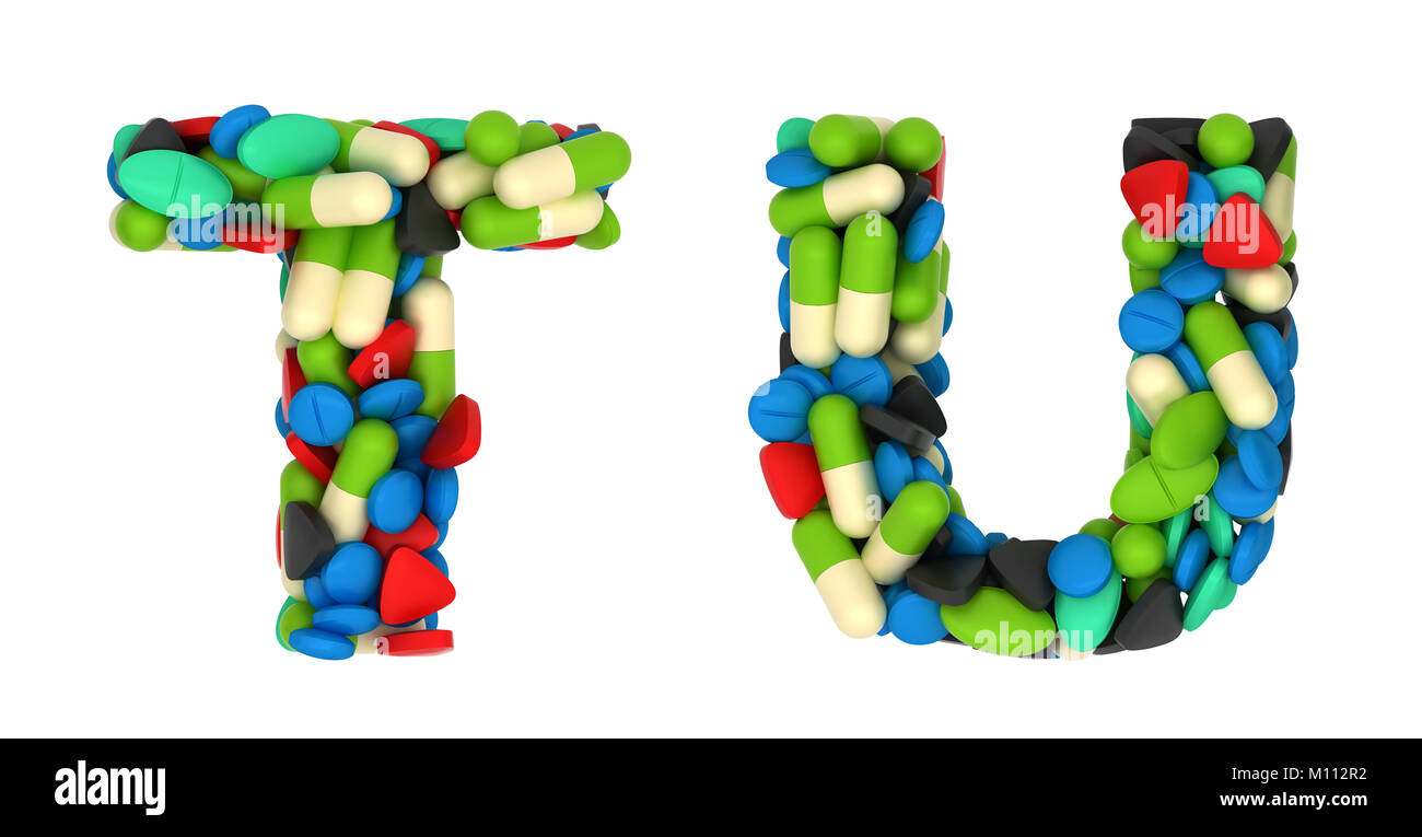 Pharmacy font T and U pills letters over white Stock Photo - Alamy