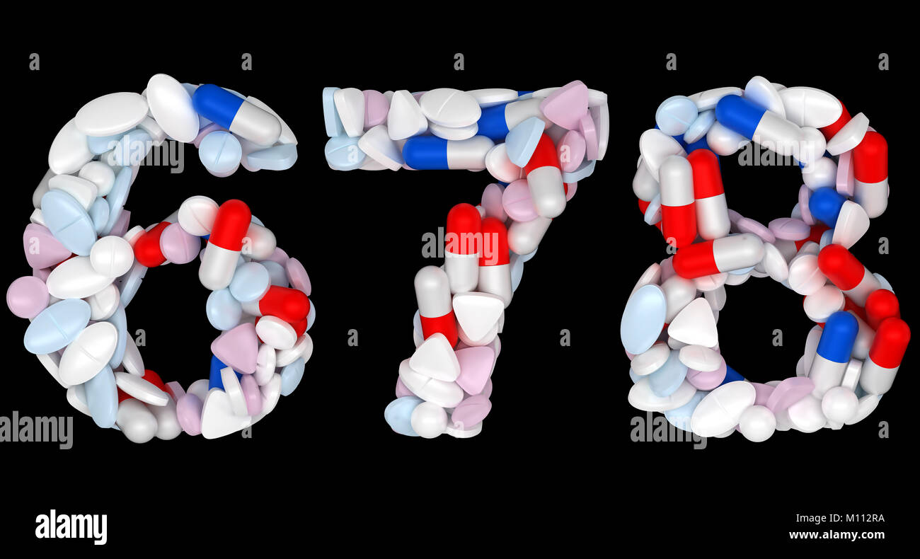 Pills font 6 7 and 8 numerals isolated over white Stock Photo - Alamy