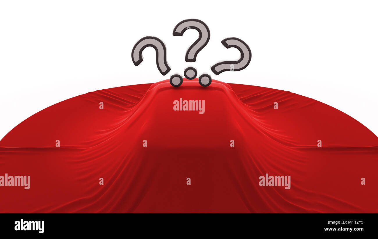 Car covered with textile with 3 question marks over white Stock Photo ...