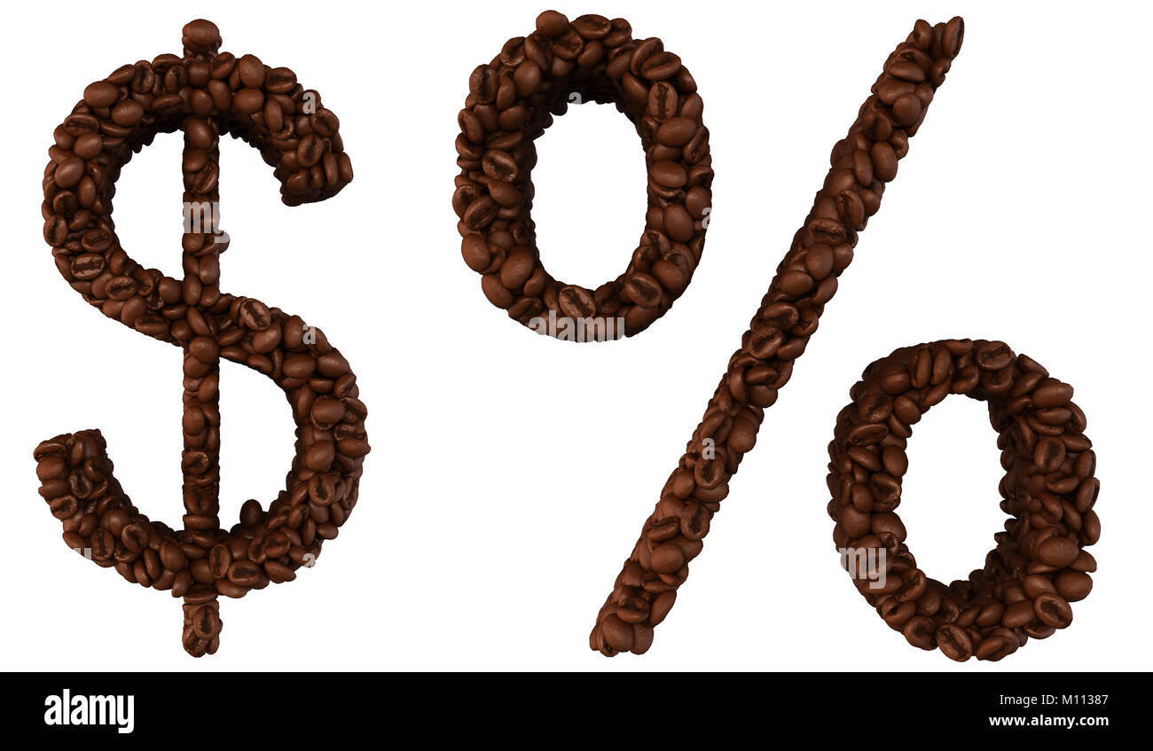 Coffee font US dollar currency and percent symbol isolated over white ...
