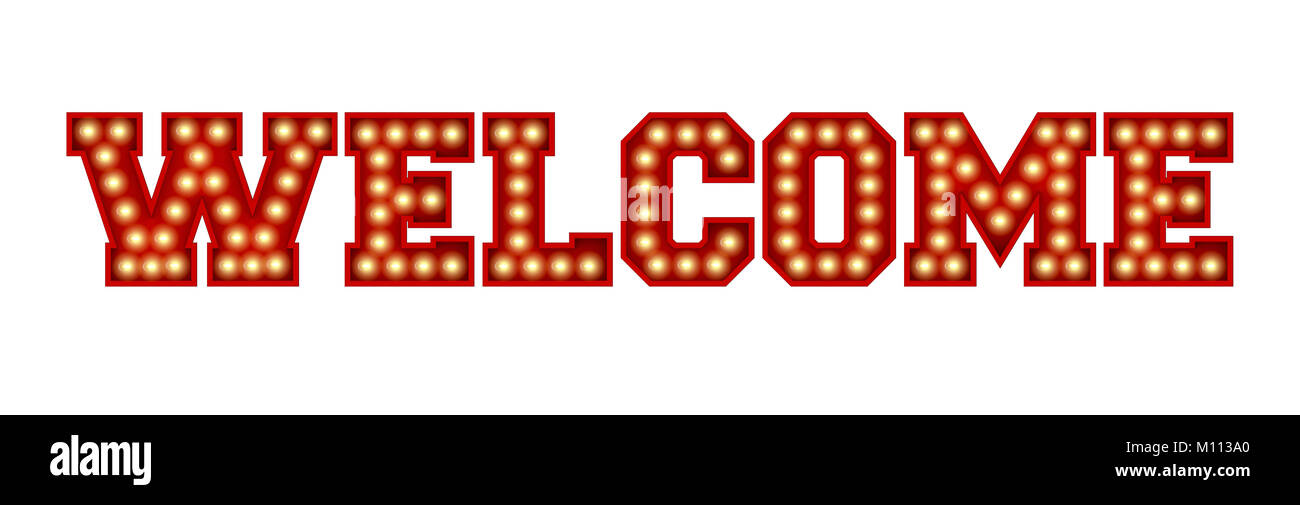 Welcome word made from red vintage lightbulb lettering isolated on a ...