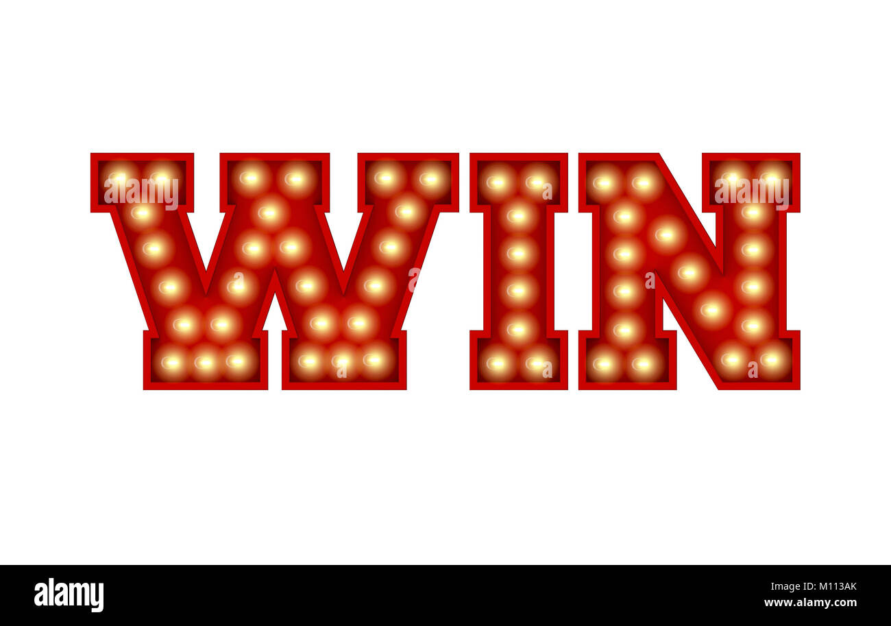 Win word made from red vintage lightbulb lettering isolated on a white ...