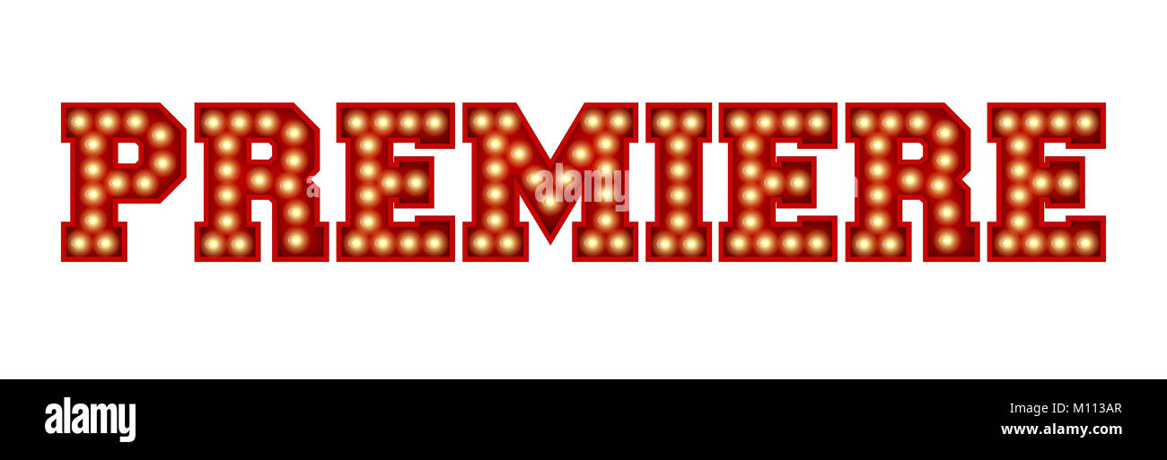 Premiere word made from red vintage lightbulb lettering isolated on a ...
