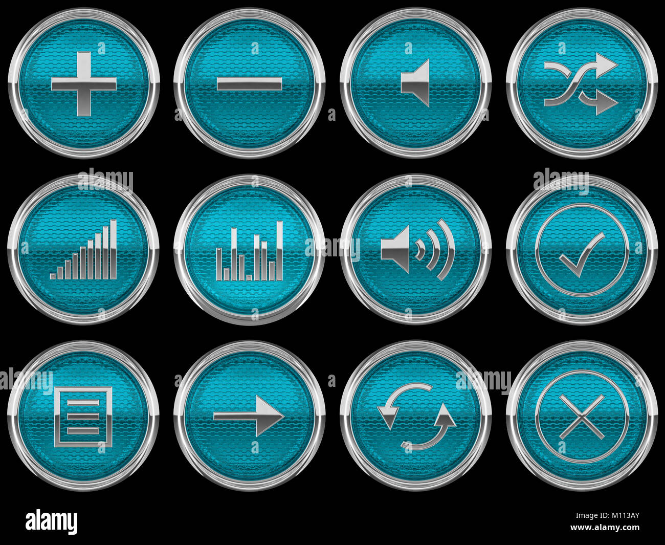Blue Round Control panel buttons or icons isolated on black Stock Photo ...