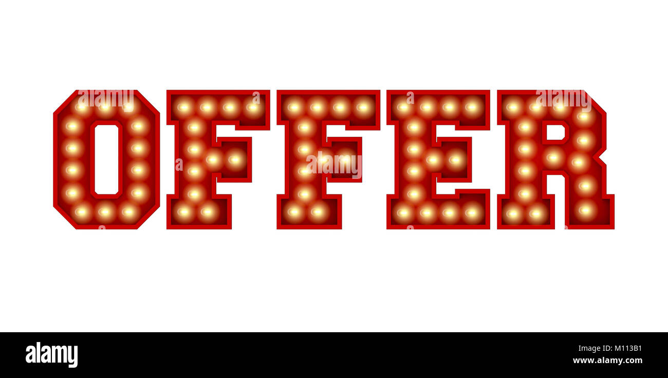 Offer word made from red vintage lightbulb lettering isolated on a ...