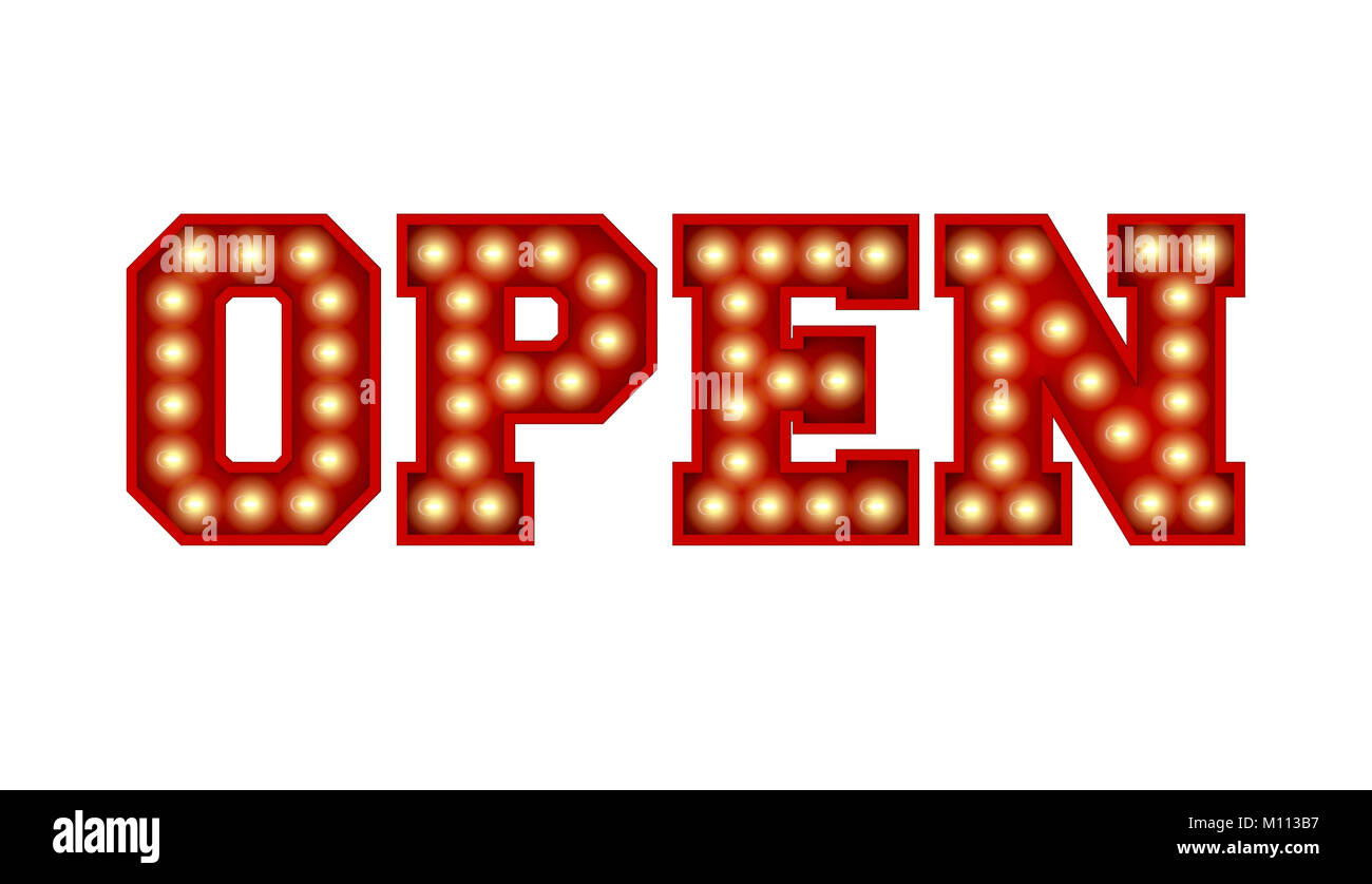 Open word made from red vintage lightbulb lettering isolated on a white ...