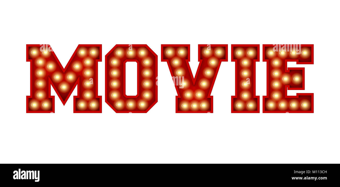 Movie word made from red vintage lightbulb lettering isolated on a ...