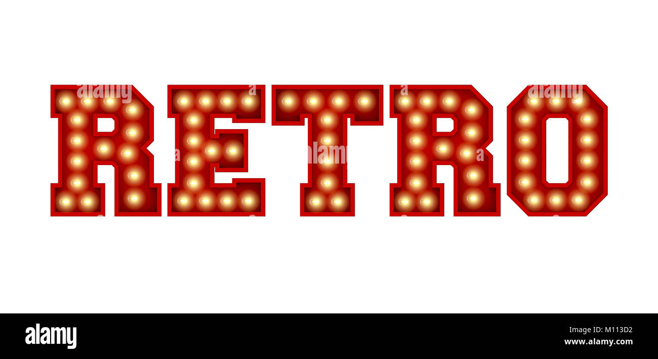 Retro word made from red vintage lightbulb lettering isolated on a ...