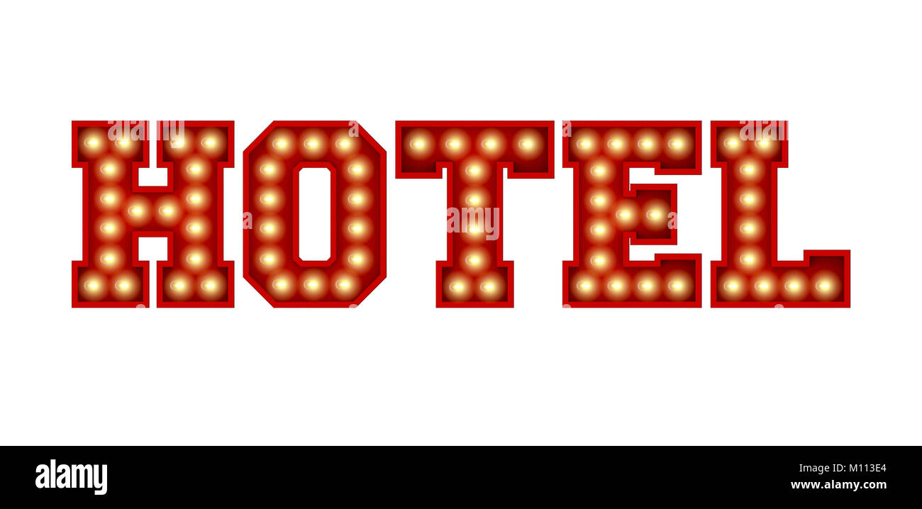 Hotel word made from red vintage lightbulb lettering isolated on a ...