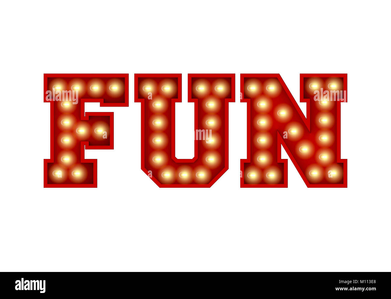 Fun word made from red vintage lightbulb lettering isolated on a white ...