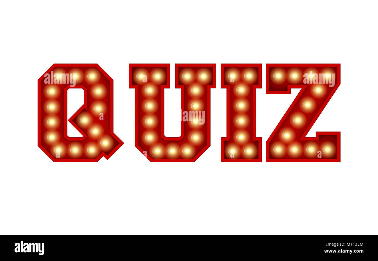 Quiz word made from red vintage lightbulb lettering isolated on a white ...