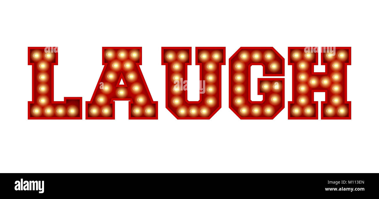 Laugh word made from red vintage lightbulb lettering isolated on a ...
