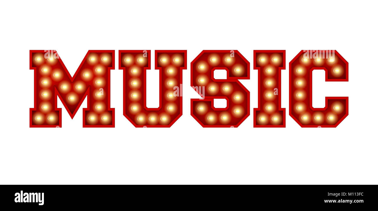Music word made from red vintage lightbulb lettering isolated on a ...