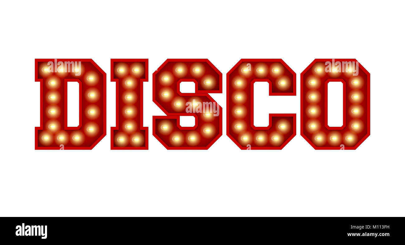 Disco word made from red vintage lightbulb lettering isolated on a ...