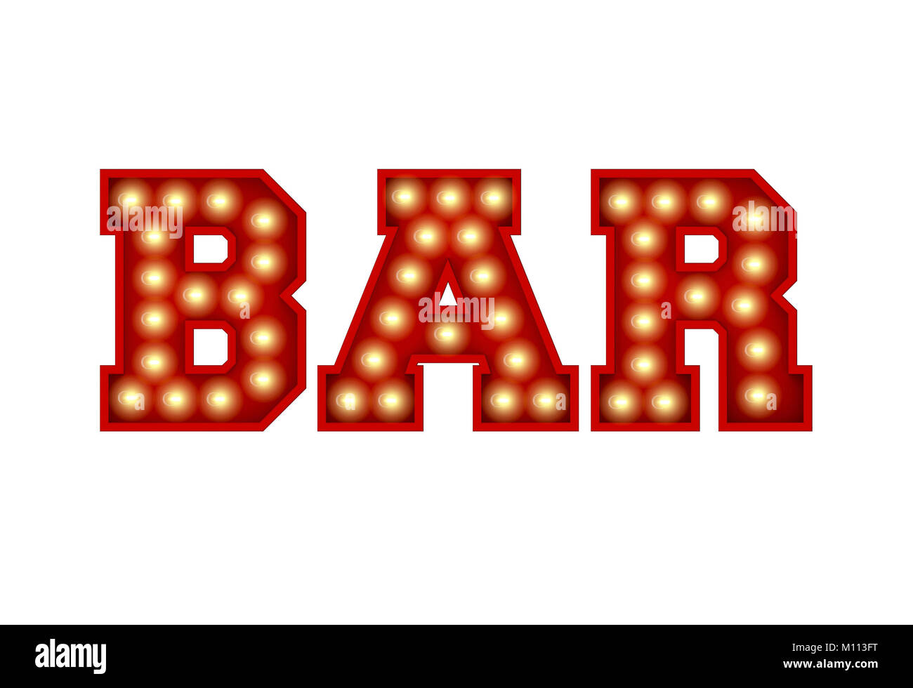 Bar word made from red vintage lightbulb lettering isolated on a white ...