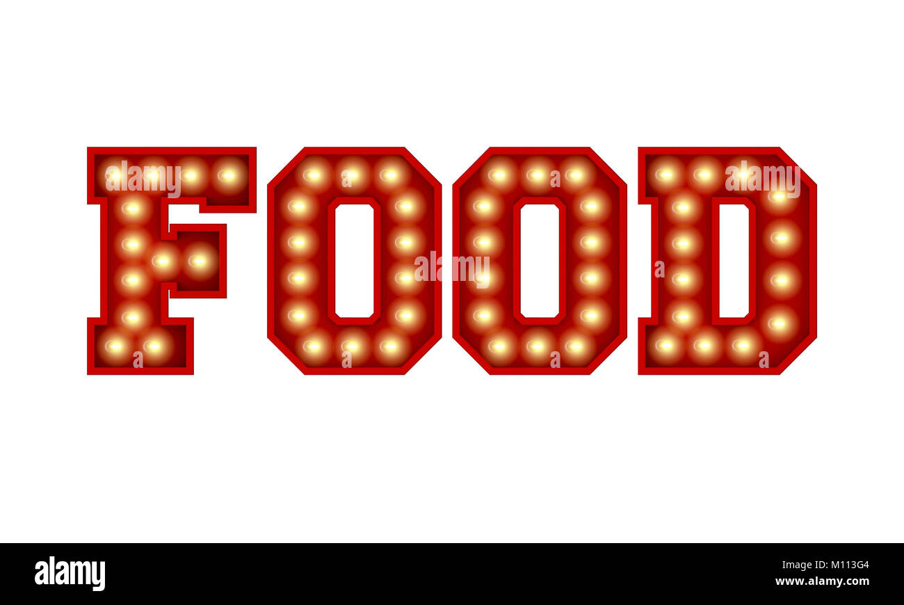 Food word made from red vintage lightbulb lettering isolated on a white ...