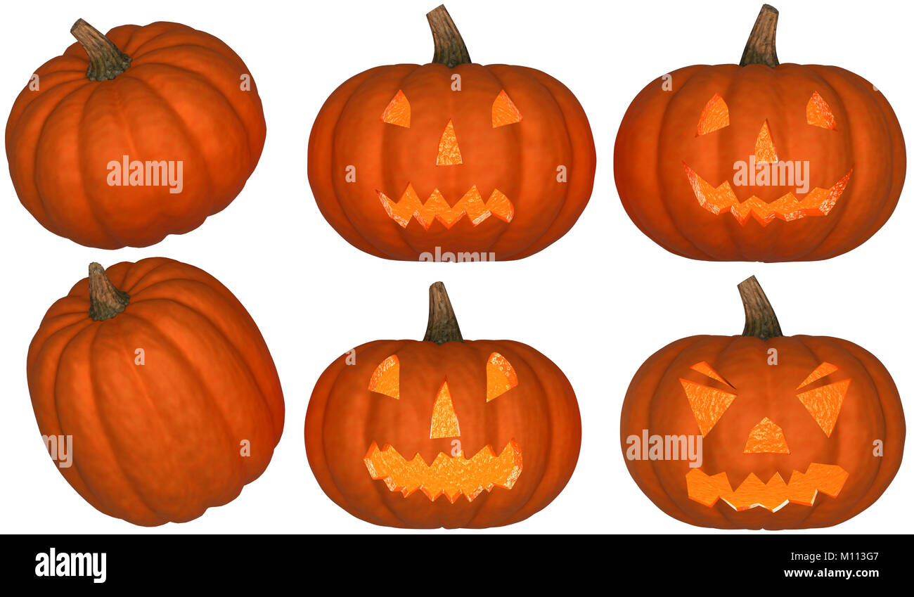 Halloween pumpkins collection with light inside isolated over white ...