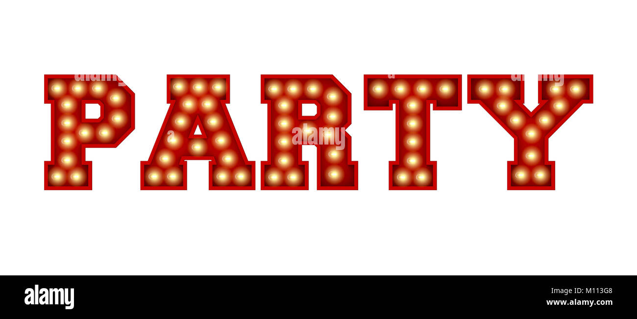 Party word made from red vintage lightbulb lettering isolated on a ...