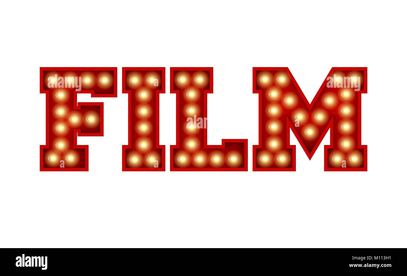 Film word made from red vintage lightbulb lettering isolated on a white ...