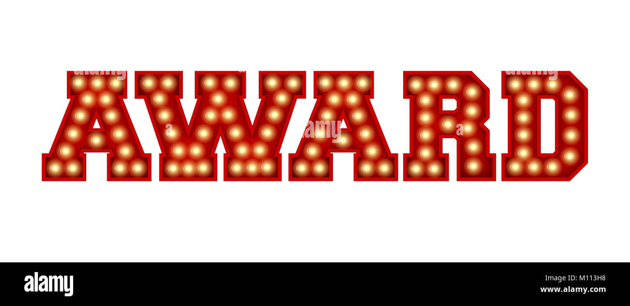 Award word made from red vintage lightbulb lettering isolated on a ...