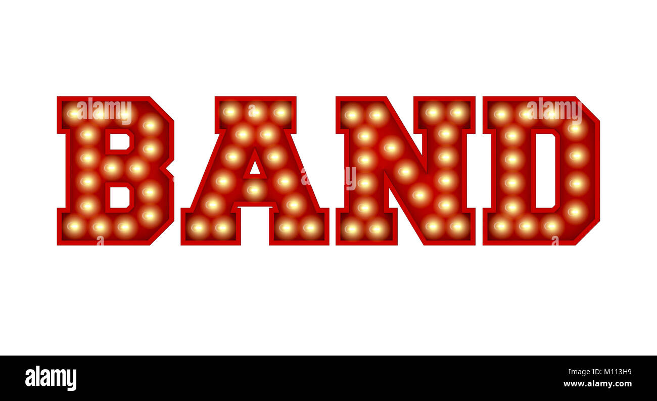 Band word made from red vintage lightbulb lettering isolated on a white ...