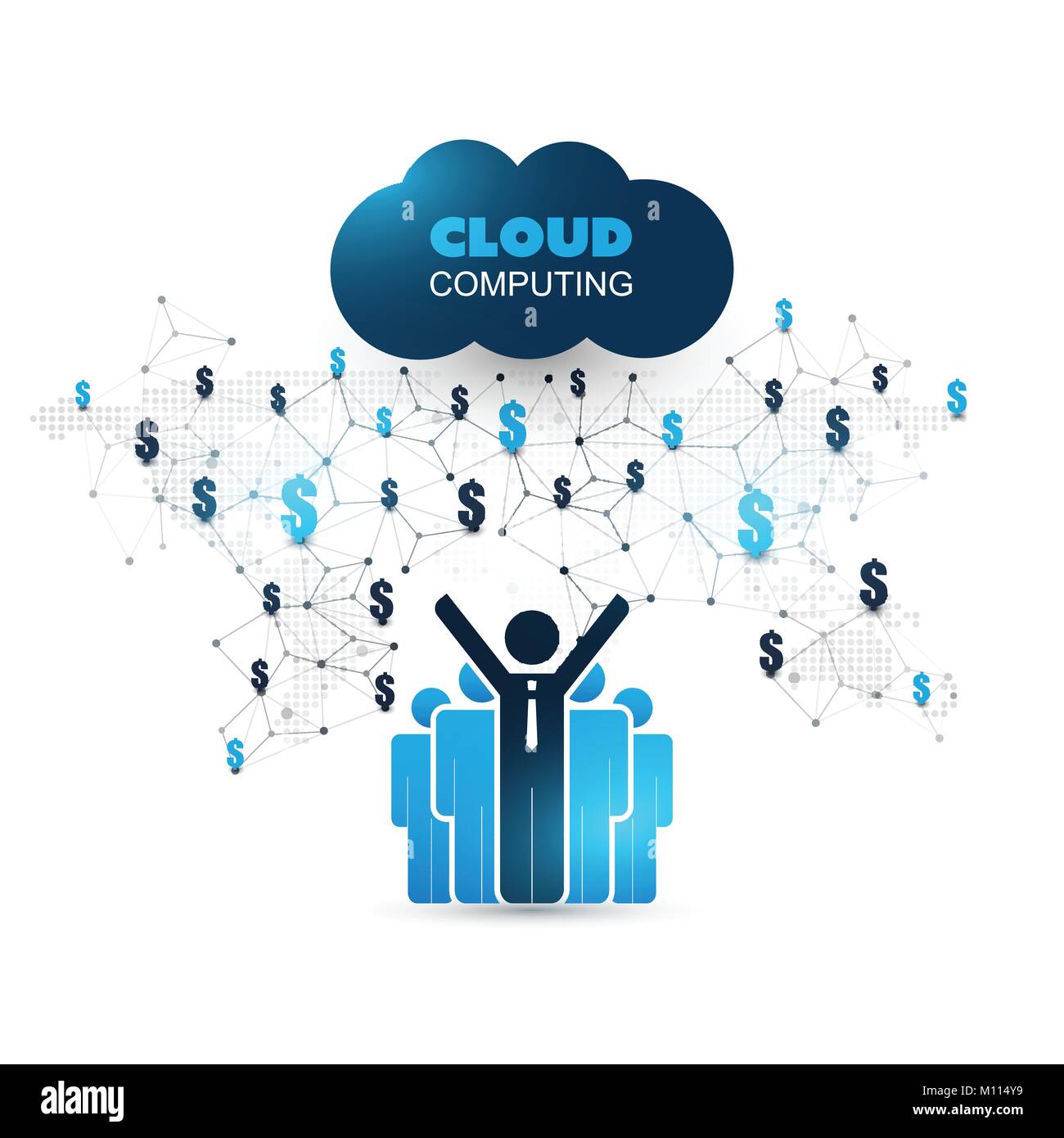 Blue Cloud Computing Design Concept with Standing Businessmen, Icons and World Map - Digital ...