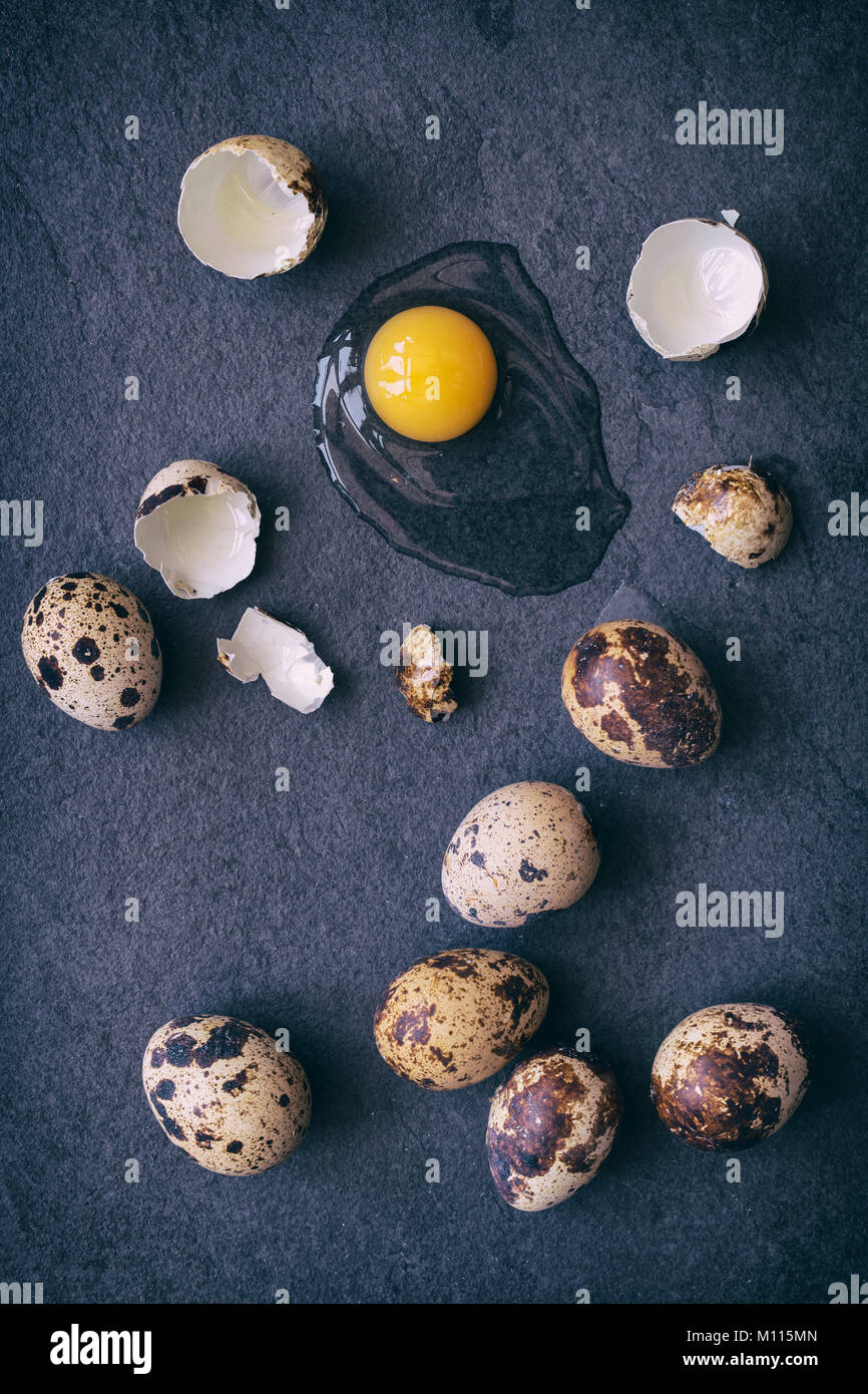 Quail Eggs with a raw egg and shells on a slate background Stock Photo ...